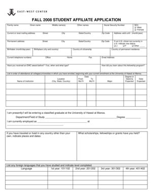 Fillable Online Eastwestcenter FALL 2008 STUDENT AFFILIATE APPLICATION