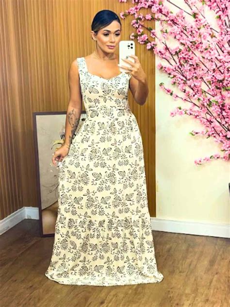 Vestido Longo Alça Larga Decote V Viscolinho Estampado Lu Modas