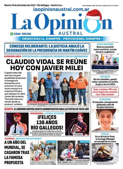 Diario La Opinión Austral tapa edición impresa del martes 19 de