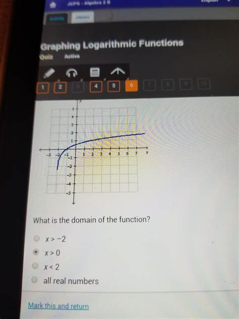 the graph of a logarithmic function is shown below what is the domain of the function domainvb