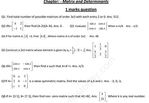 cbse class 12 mathematics matrices and determinants assignment set a