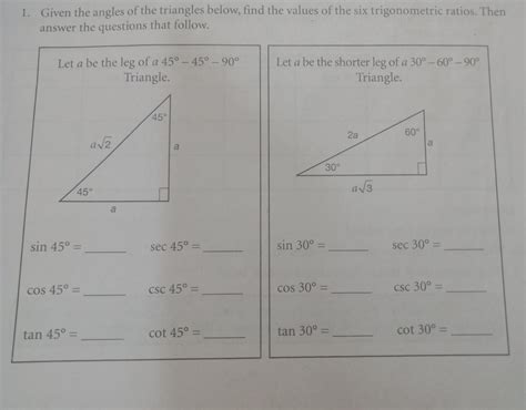 solved given the angles of the triangles below find the values of the six trigonometric ratios
