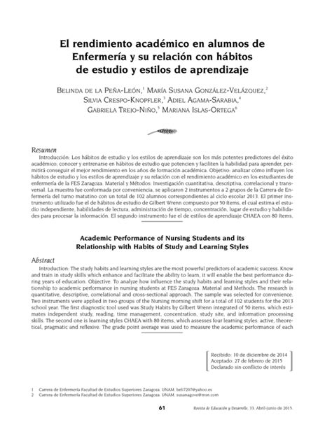 El Rendimiento Acad Mico En Alumnos De Enfermer A Y Su Relaci N Con H