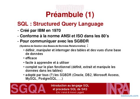 Pdf Introduction Au Langage Sql Et Proc Dure Sql Cours Et Formation