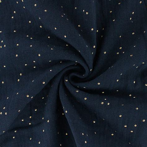 Tissu Double Gaze de Coton Pois Doré bleu marine MPM