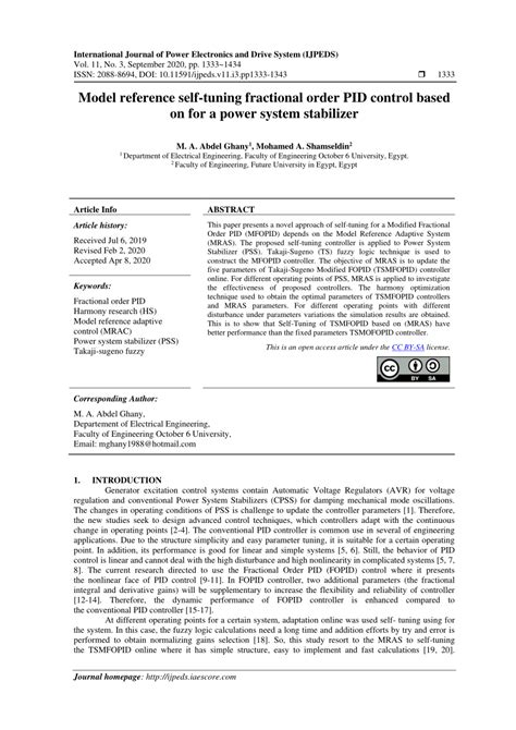 pdf model reference self tuning fractional order pid control based on for a power system