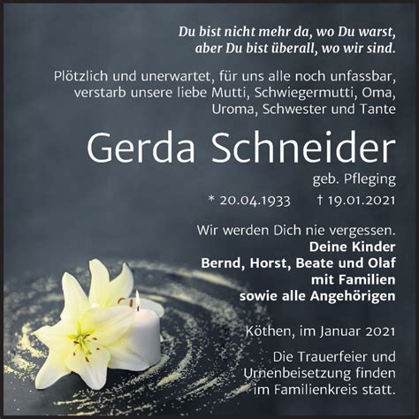 Traueranzeigen Von Gerda Schneider Abschied Nehmen De