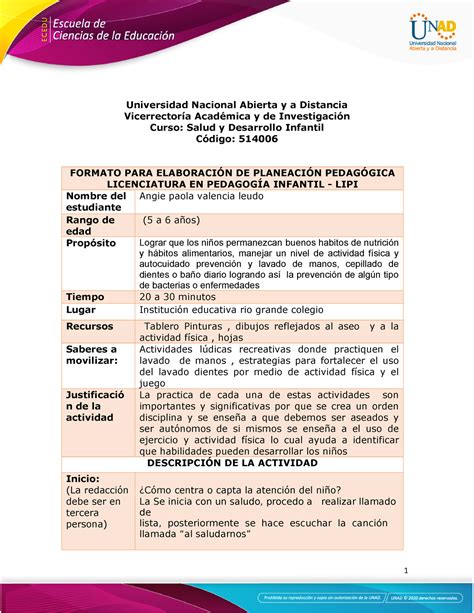 Formato de planeación pedagógica unad Universidad Nacional Abierta y