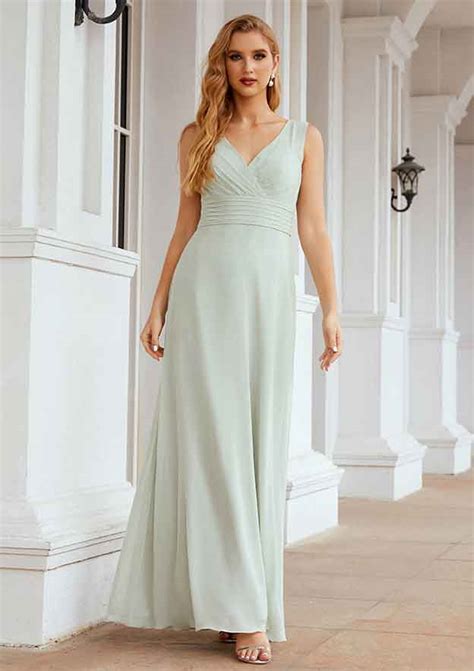 A Line V Neck Chiffon Long Floor Length Bridesmaid Dress With Pleated