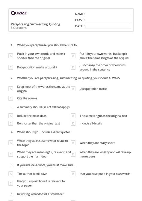 Summarizing Worksheets For Th Grade On Quizizz Free Printable
