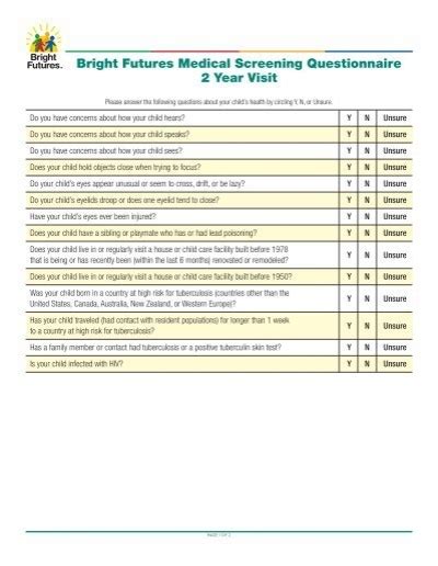 Bright Futures Medical Screening Questionnaire 2 Year Visit