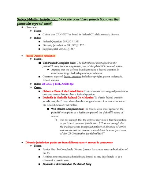 Civ Pro Outline Subject Matter Jurisdiction Does The Court Have