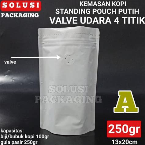 Jual STANDING POUCH PUTIH DOFF 250Z VALVE KEMASAN KOPI 100 GR KPACK