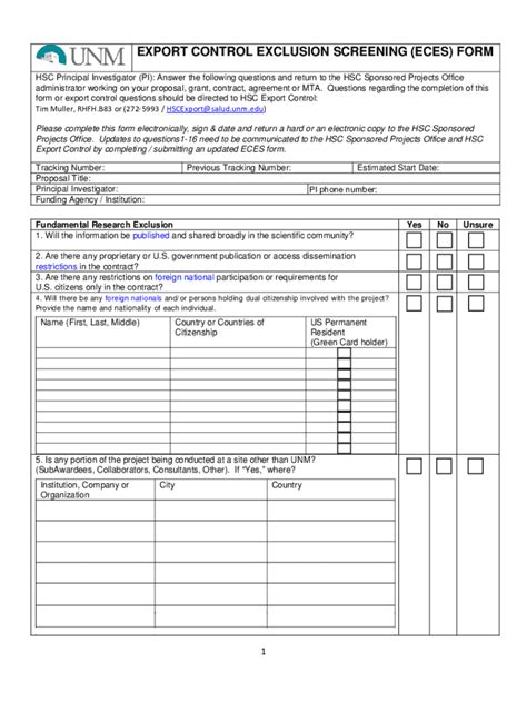 Fillable Online Hsc Unm EXPORT CONTROL EXCLUSION SCREENING ECES FORM