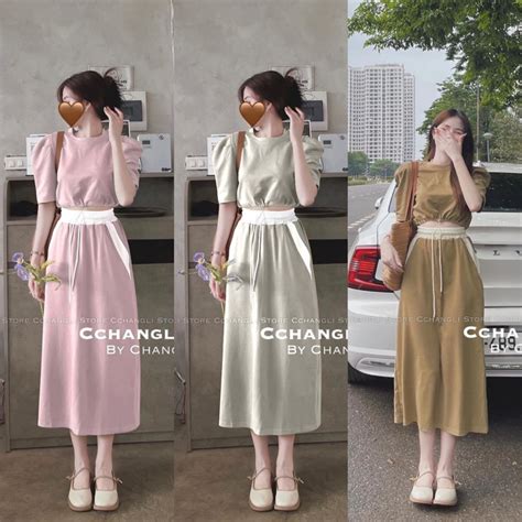 SET ÁO CROPTOP TAY BỒNG RÚT DÂY GẤU MIX CHÂN VÁY MIDI DÁNG DÀI PHỐI CẠP