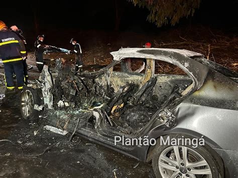 Carro explode após batida e motorista morre carbonizado em Maringá