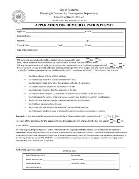 City Of Pasadena California Application For Home Occupation Permit