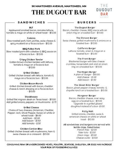 The Dugout Bar Menus Happy Hour Seasonal And Food Menus