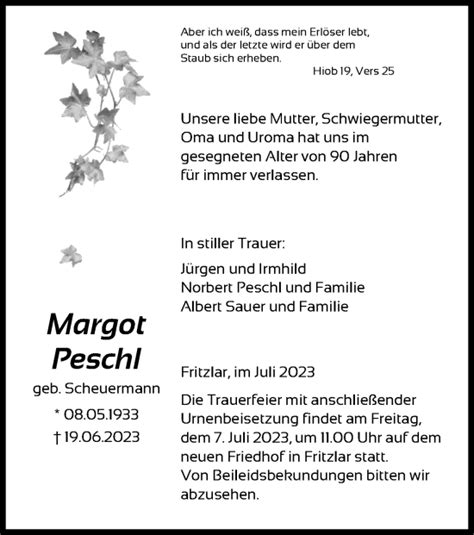 Traueranzeigen Von Margot Peschl Trauer HNA De
