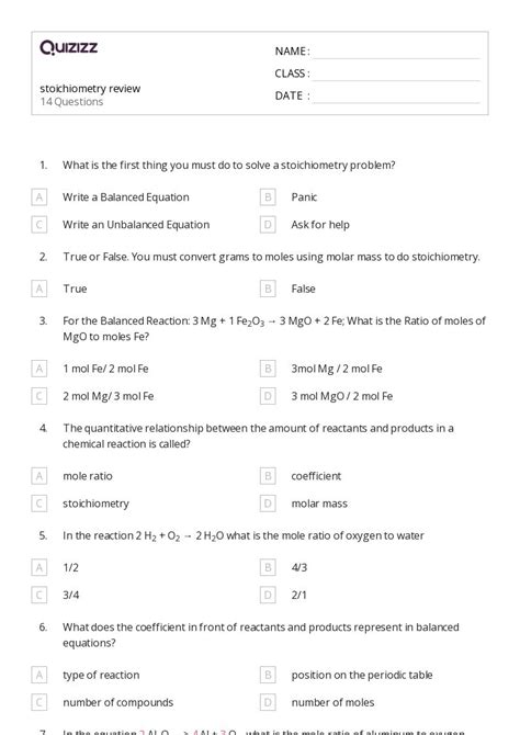 50 Stoichiometry Worksheets For 11th Class On Quizizz Free Printable