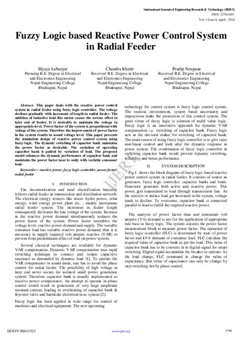pdf ijert fuzzy logic based reactive power control system in radial feeder ijert journal