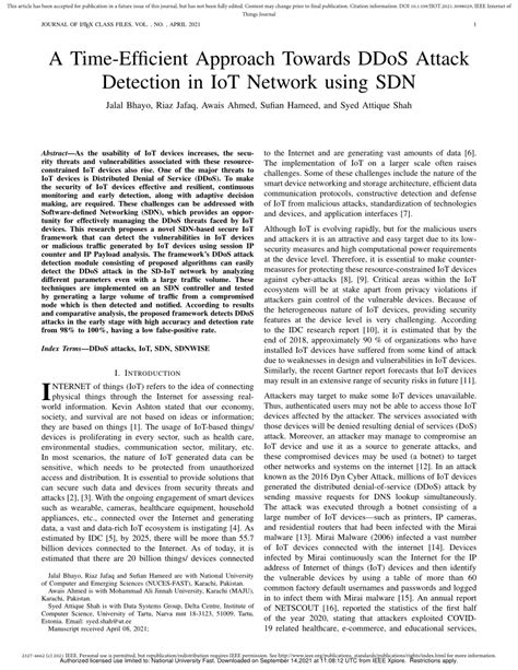 pdf a time efficient approach towards ddos attack detection in iot network using sdn