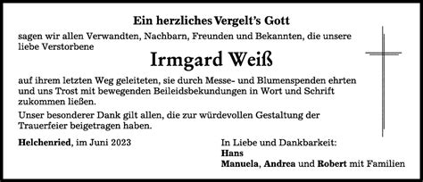 Traueranzeigen von Irmgard Weiß Augsburger Allgemeine Zeitung
