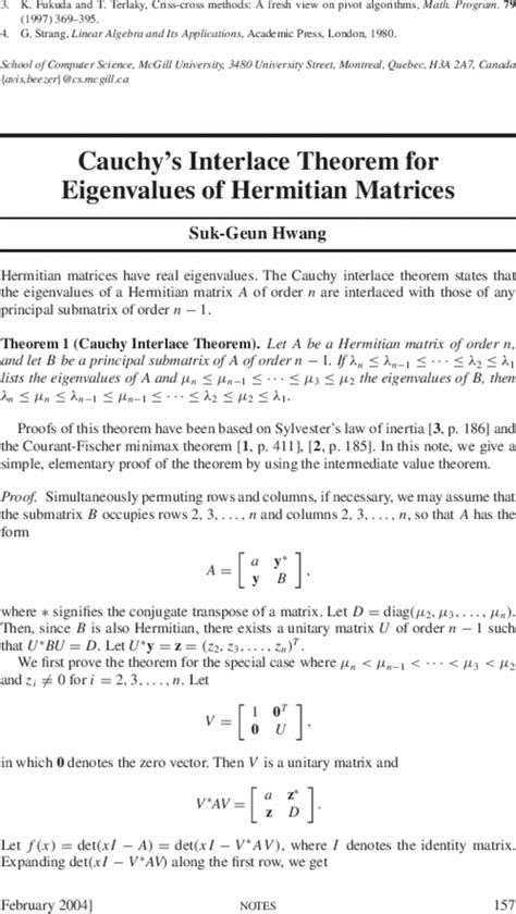 cauchy s interlace theorem for eigenvalues of hermitian matrices the american mathematical