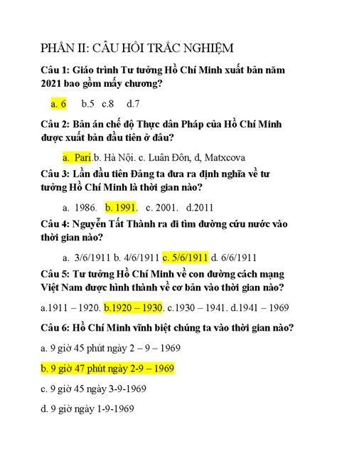 Tư tưởng final Summary Tư tưởng Hồ Chí Minh PHẦN II CÂU HỎI TRẮC