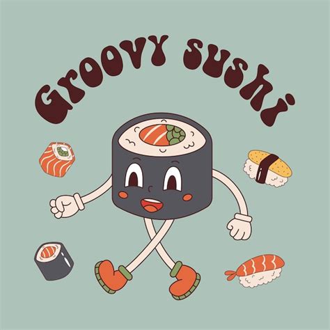 Cartão postal descolado vetorial mascote de sushi em estilo retrô