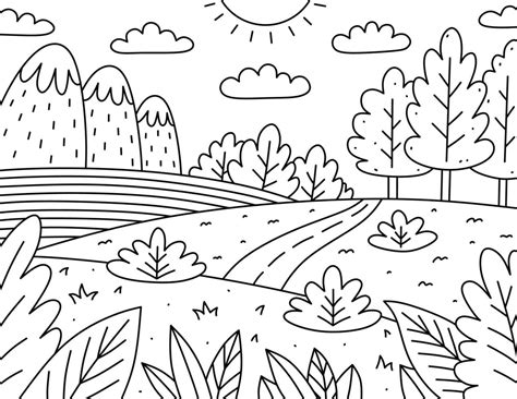 Página para colorear de niños lindos paisaje con nubes montañas