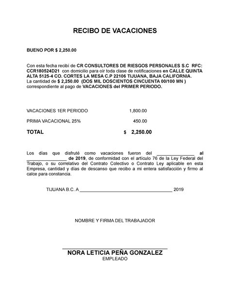 Recibo Por Pago De Vacaciones Image To U