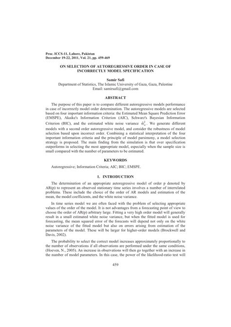 pdf on selection of autoregressive order in case of incorrectly model specification