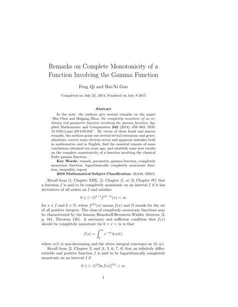 pdf remarks on complete monotonicity of a function involving the gamma function