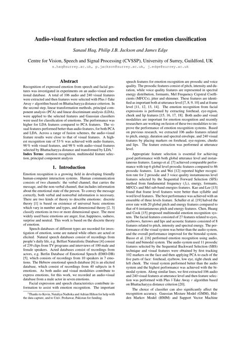 pdf audio visual feature selection and reduction for emotion classification