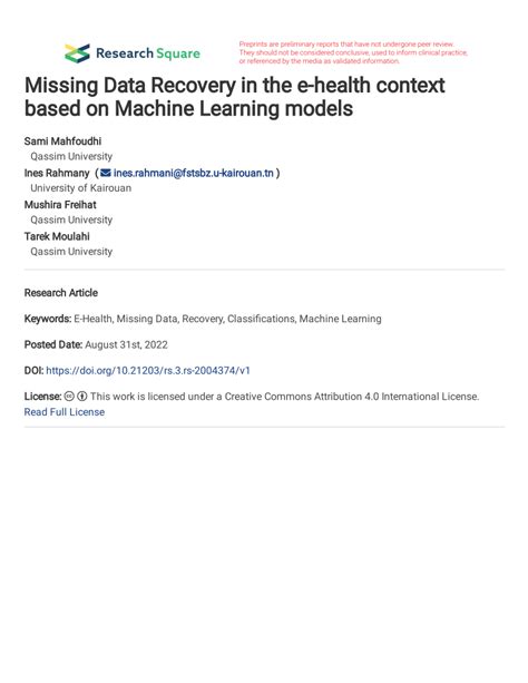 pdf missing data recovery in the e health context based on machine learning models