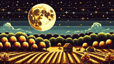 X Resolution Pixel Art Of Field At Moon Night P Laptop Full