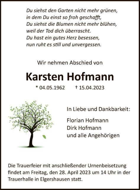Traueranzeigen Von Karsten Hofmann Trauer HNA De