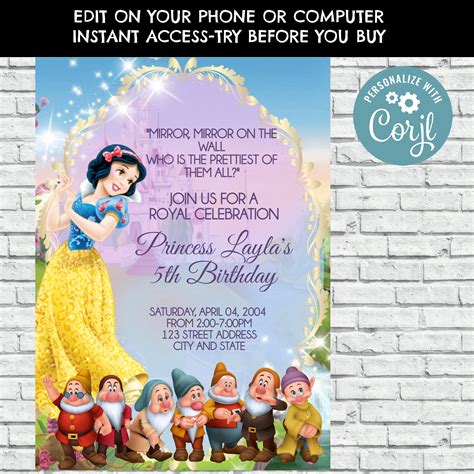 Invitación de cumpleaños de Blancanieves Invitación de Etsy México