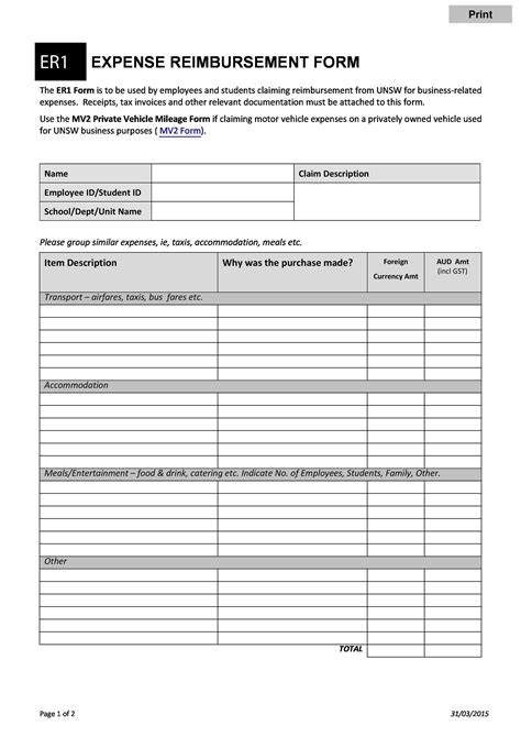 Printable Template Reimbursement Form Printable Forms Free Online