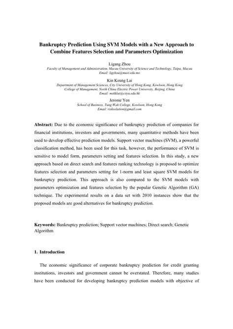 pdf bankruptcy prediction using svm models with a new approach to combine features selection