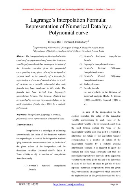 pdf lagrange s interpolation formula representation of numerical data by a polynomial curve