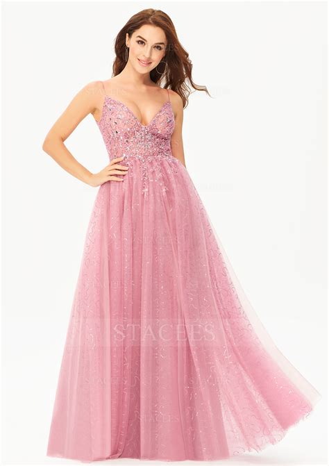 A Line V Neck Sleeveless Tulle Satin Long Floor Length Prom Dress With