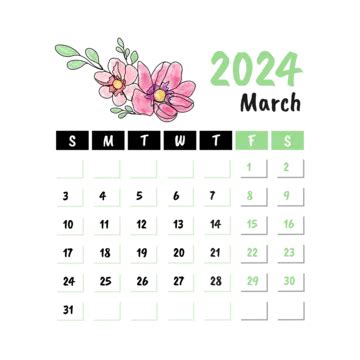 March 2024 Floral Monthly Calendar Vector March Floral Calendar March