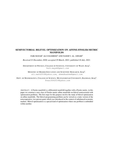 pdf semivectorial bilevel optimization on affine finsler metric manifolds