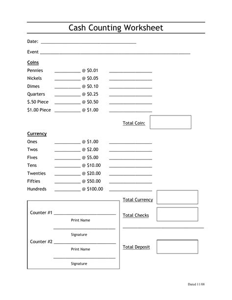 Printable Counting Form Cash Checks Printable Forms Free Online
