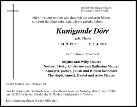 Traueranzeigen von Kunigunde Dörr Trauer in NRW de