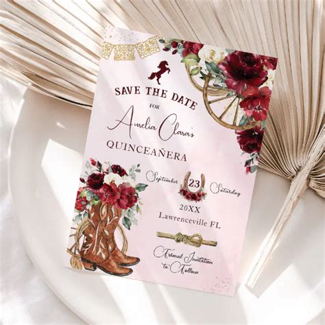 Burgundy Red Floral Wild West Charro Quinceañera Save The Date Zazzle