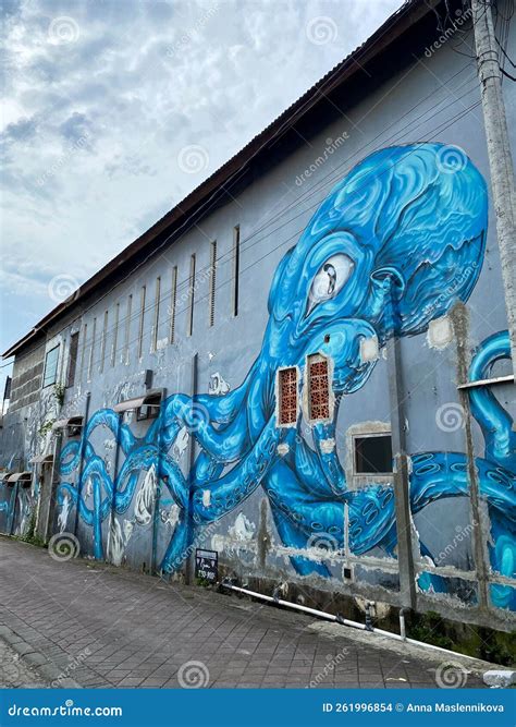 Graffiti Au Mur Grande Pieuvre Bleue Image stock éditorial Image du