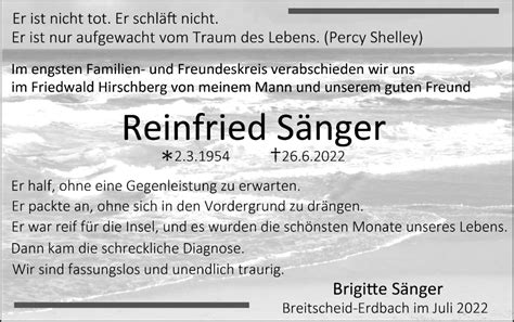 Traueranzeigen von Reinfried Sänger vrm trauer de